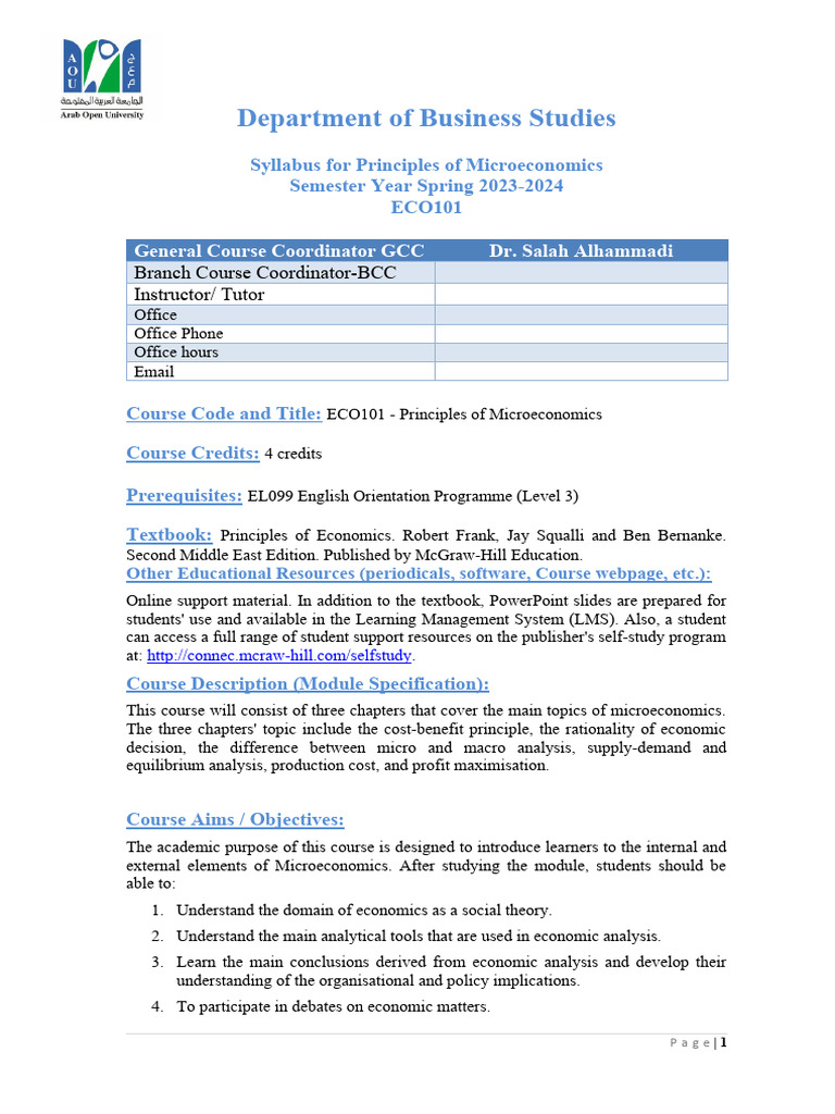 ECO101 Microeconomics Syllabus 2023-24 | PDF | Economics | Microeconomics