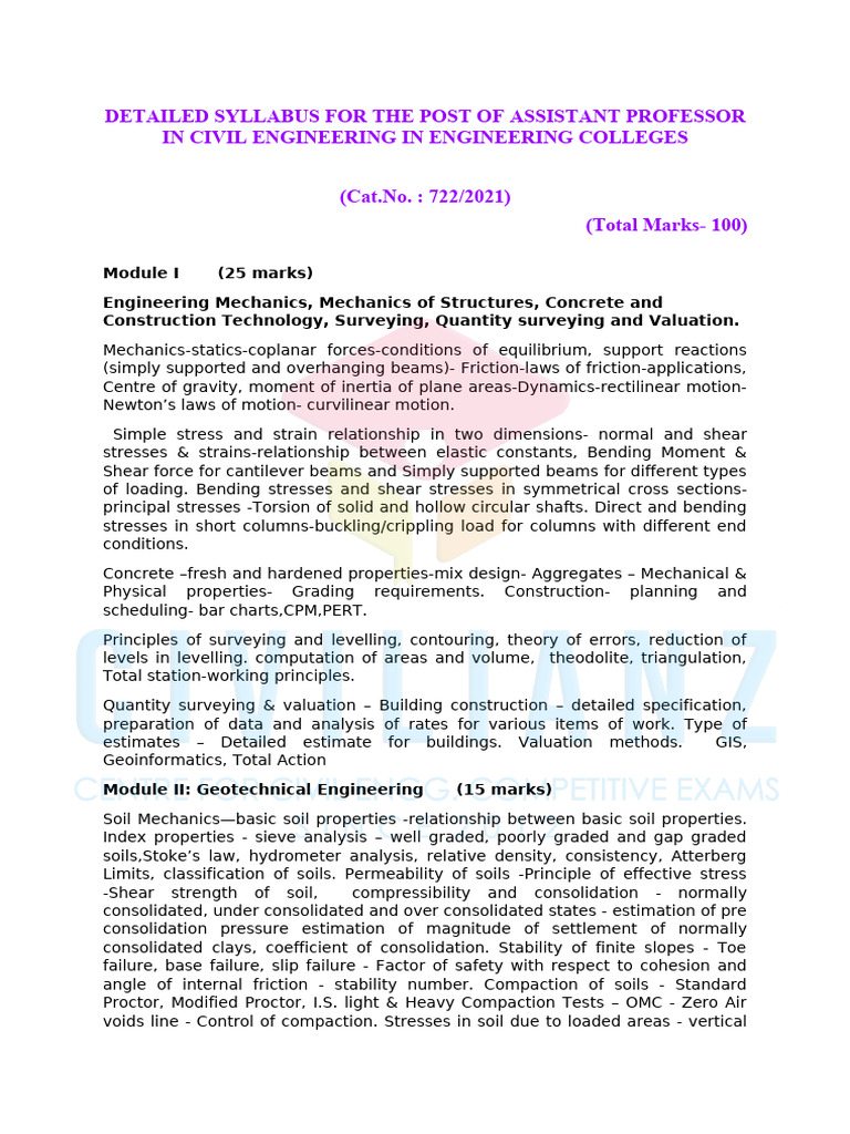 Assistant Professor Civil Engineering KPSC Syllabus 1 | PDF | Beam ...