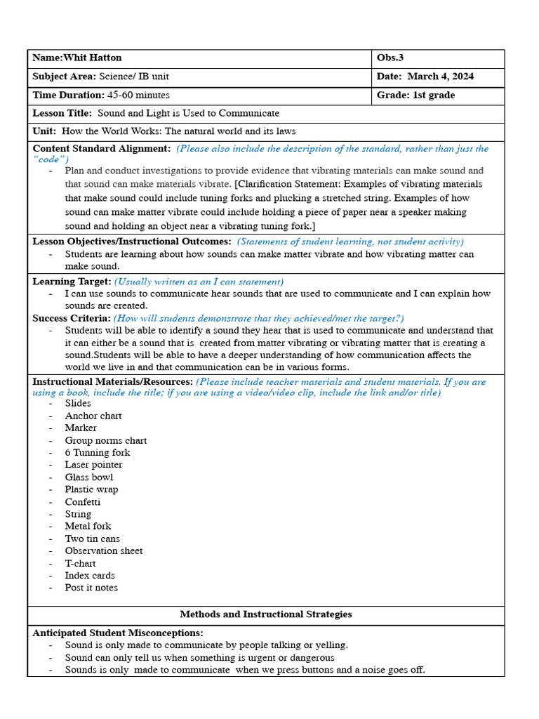 Science Lesson Observation | PDF | Sound | Communication