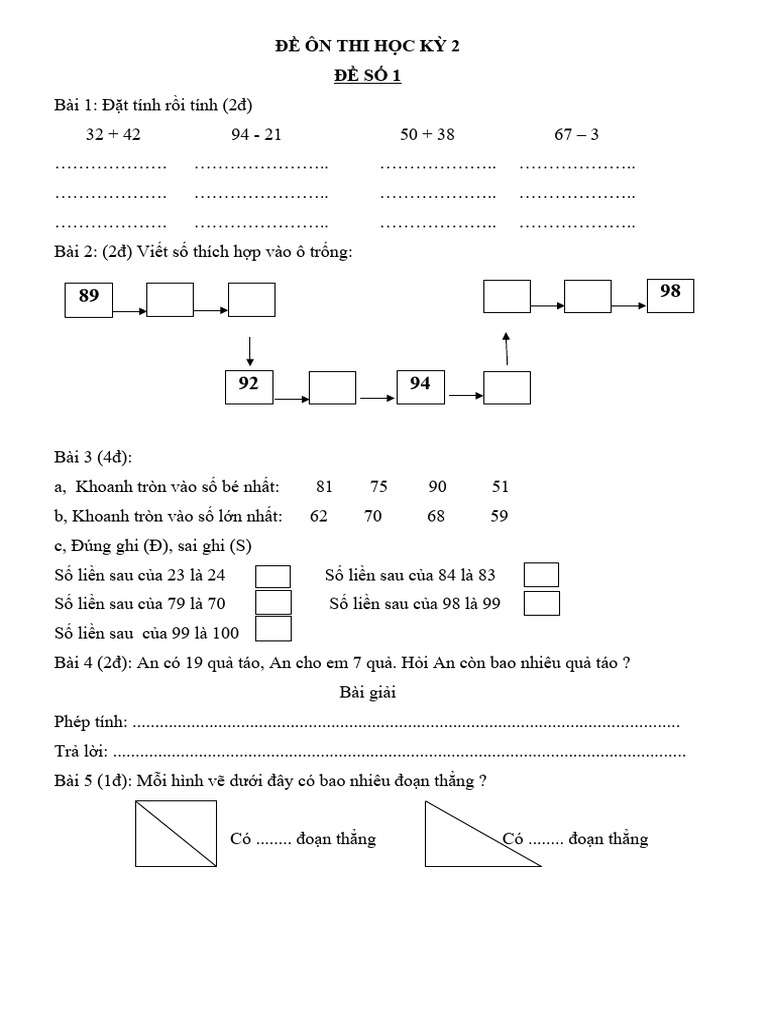 30 de Thi Hoc Ki 2 Mon Toan Lop 1 | PDF