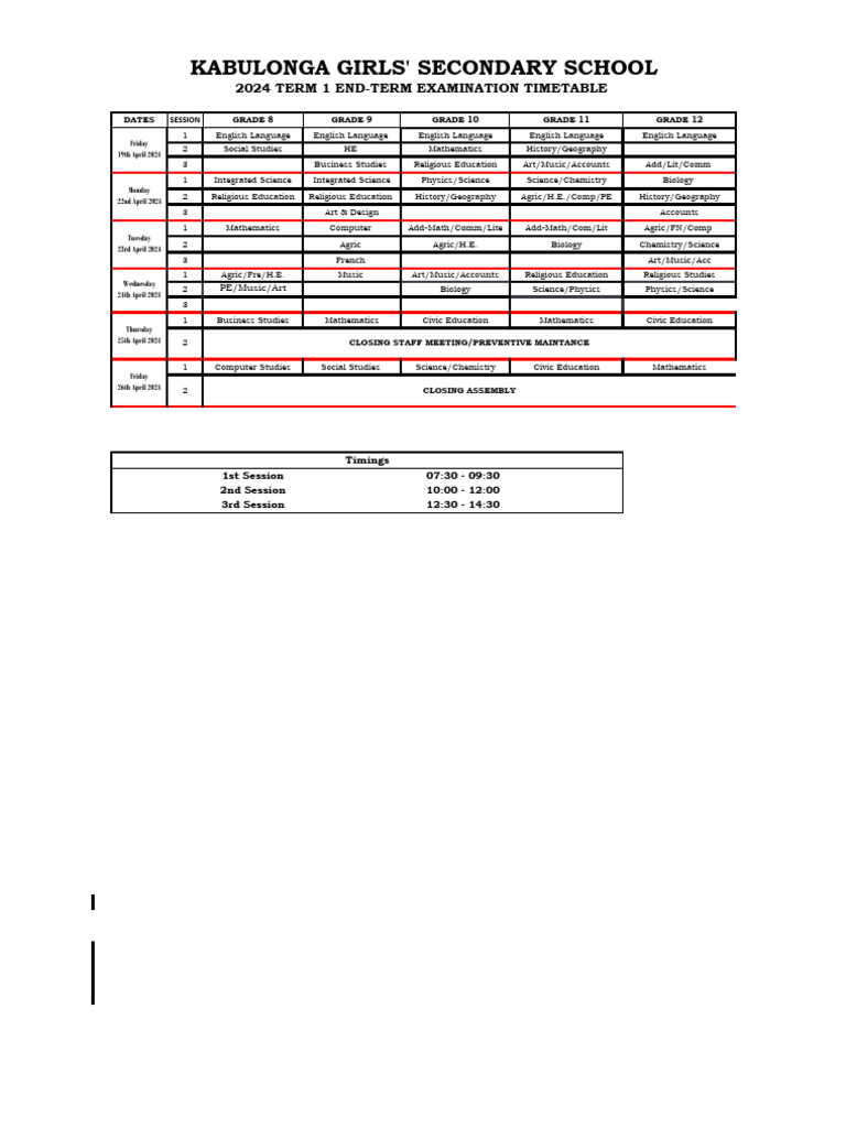 2024 Term End of Term 1 Exams Timetable | PDF | Educational Years ...