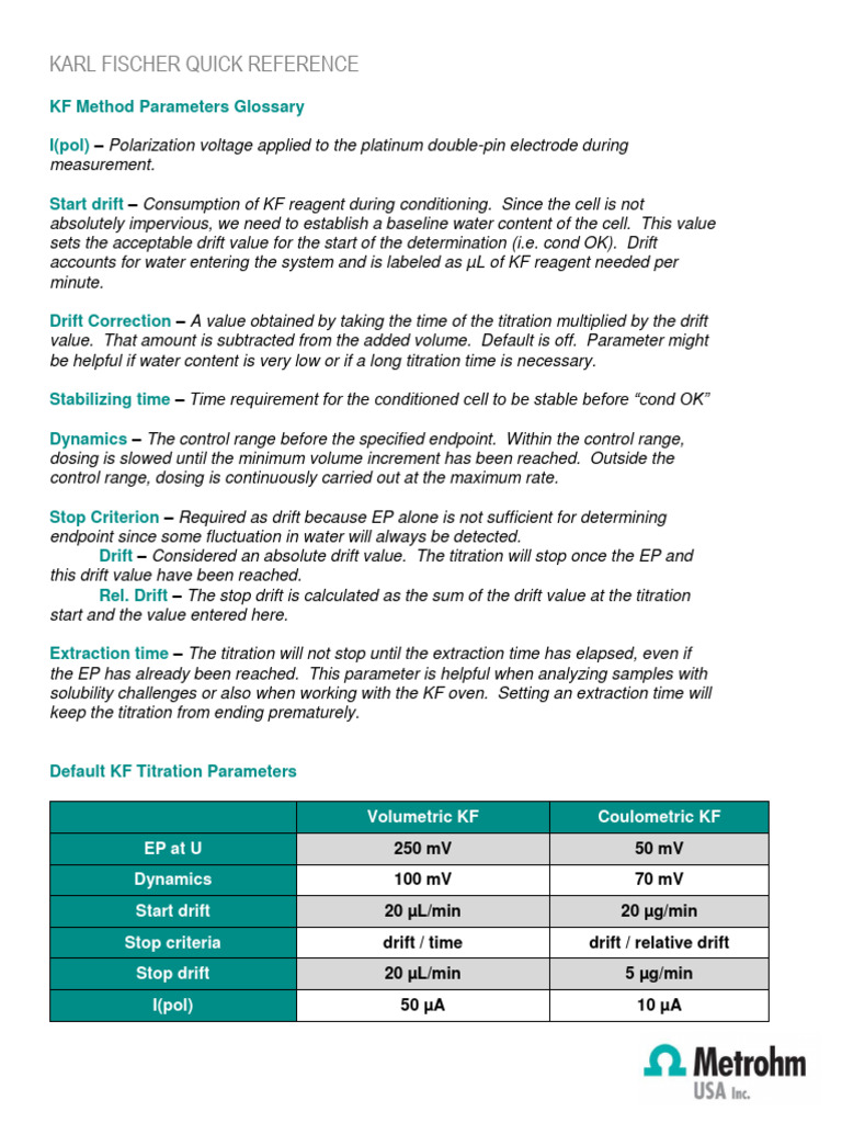 KF Quick Reference Guide Method Parameters | PDF | Analytical Chemistry