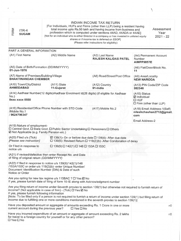 ITR-4 (SUGAM) FORM FORMAT | PDF