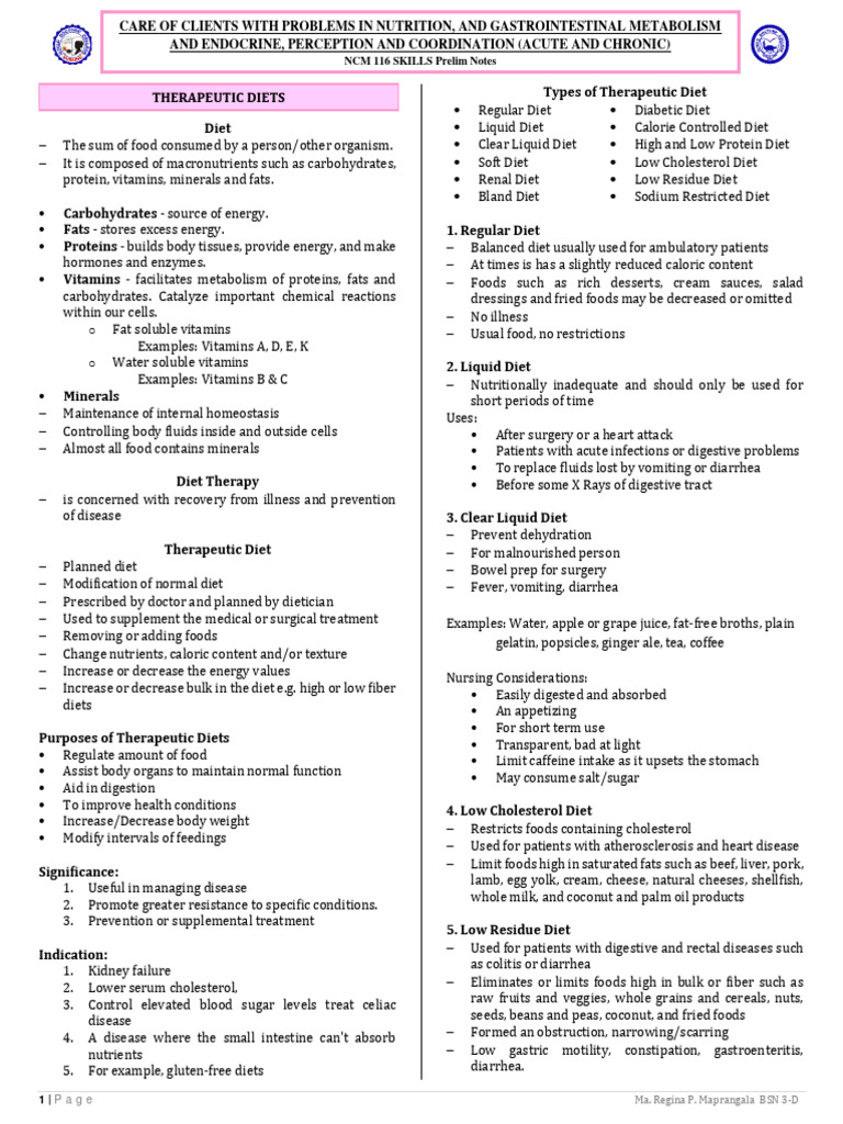 NCM 116 Prelim Notes on Diet Therapy | PDF | Dieting | Foods