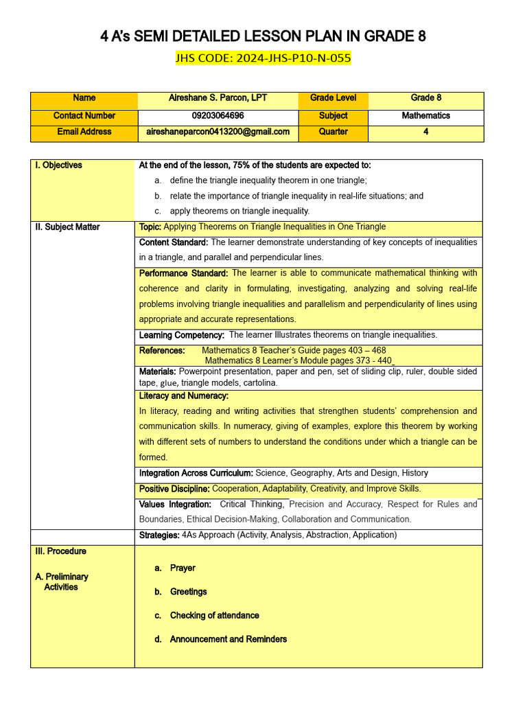 G8 Final Lesson Plan | PDF | Triangle | Learning