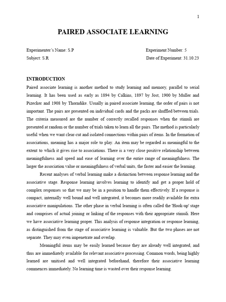 EXPERIMENT - 5 - Paired Associate Learning | Download Free PDF | Recall ...