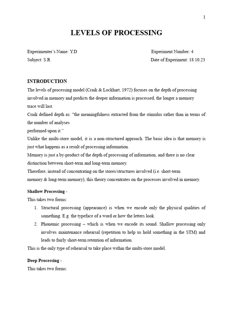 EXPERIMENT - 4 - Levels of Processing | Download Free PDF | Memory | Psychological Concepts