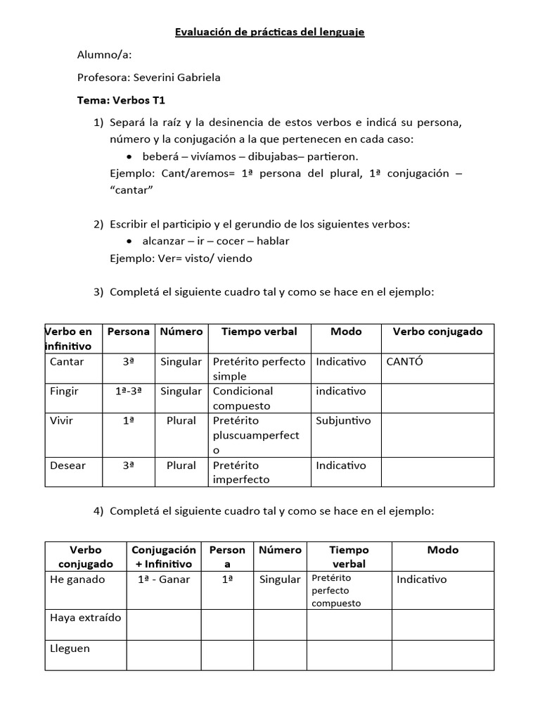 Evaluación de Verbos y Conjugaciones | PDF | Verbo | Conjugación gramatical