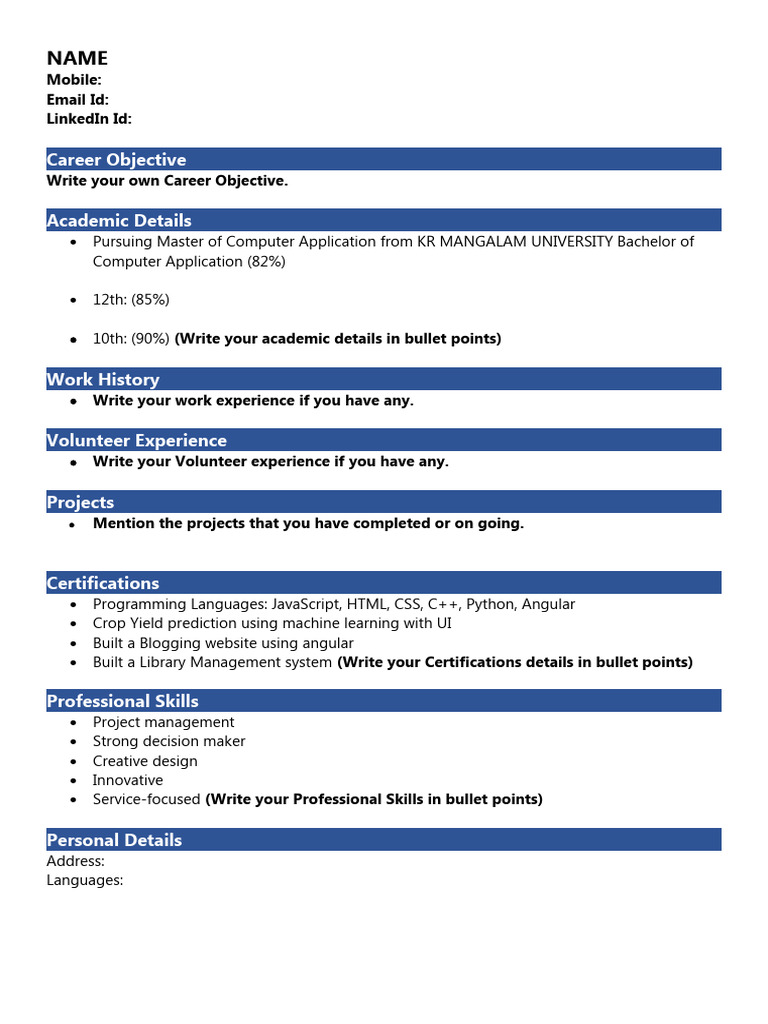 Resume Template for MCA Candidates | PDF | Career & Growth