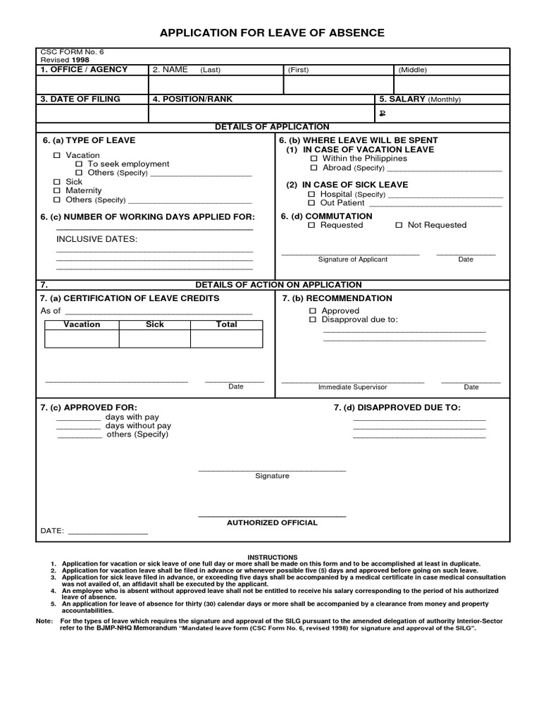 CSC FORM 1998 - ALA Form of BJMP - Application For Leave of Absence ...