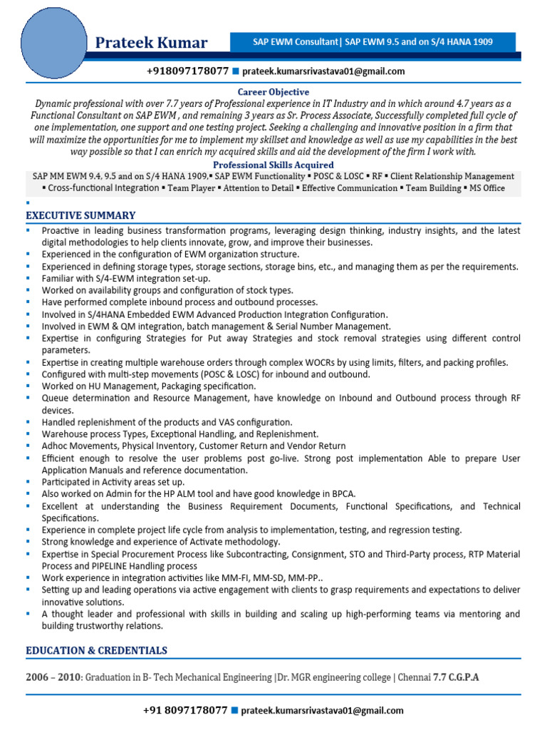 Prateek Kumar - SAP EWM Consultant - Technomech Placements | PDF | Logistics | Warehouse