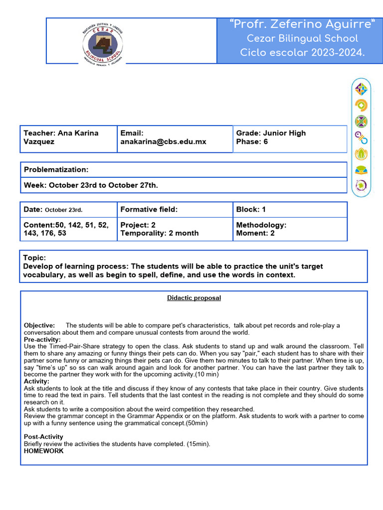 JUNIOR HIGH B1 - October 23rd To October 27th. LESSON PLAN 23-24 | PDF ...