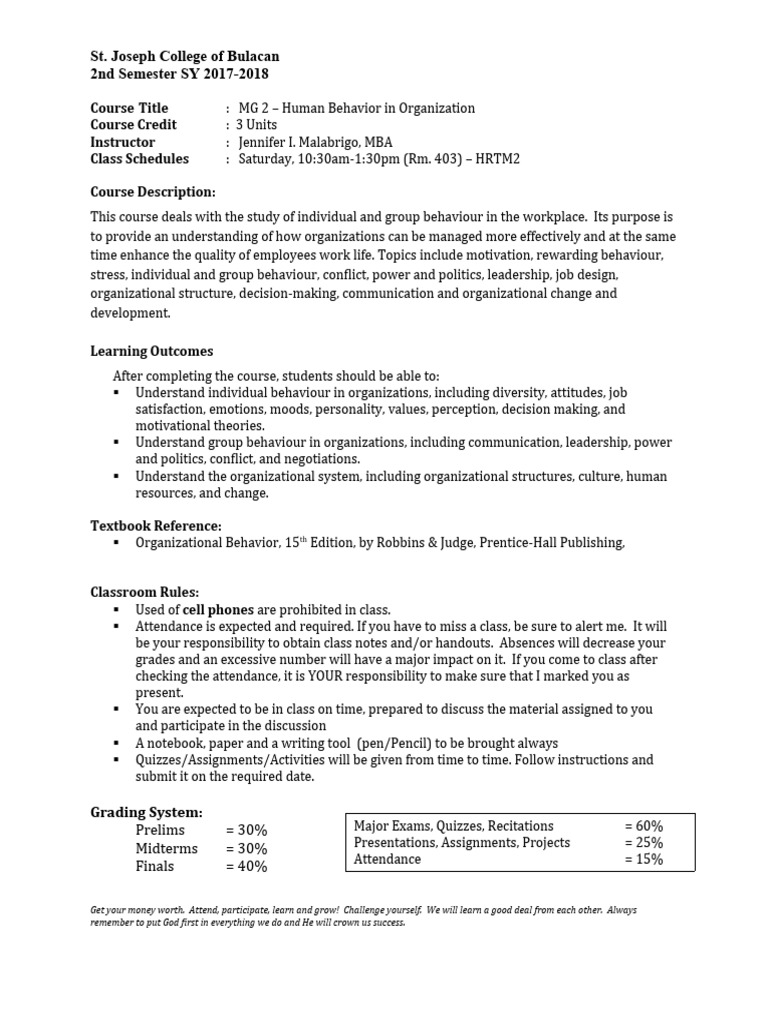 Course Syllabus - HBO | PDF | Organizational Behavior | Behavior