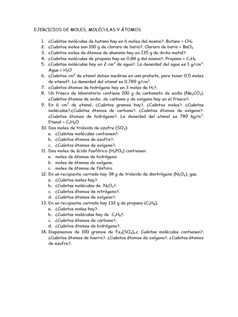 Ejercicios de Moles Molc3a9culas y C3a1tomos | PDF | Mole (Unidad ...