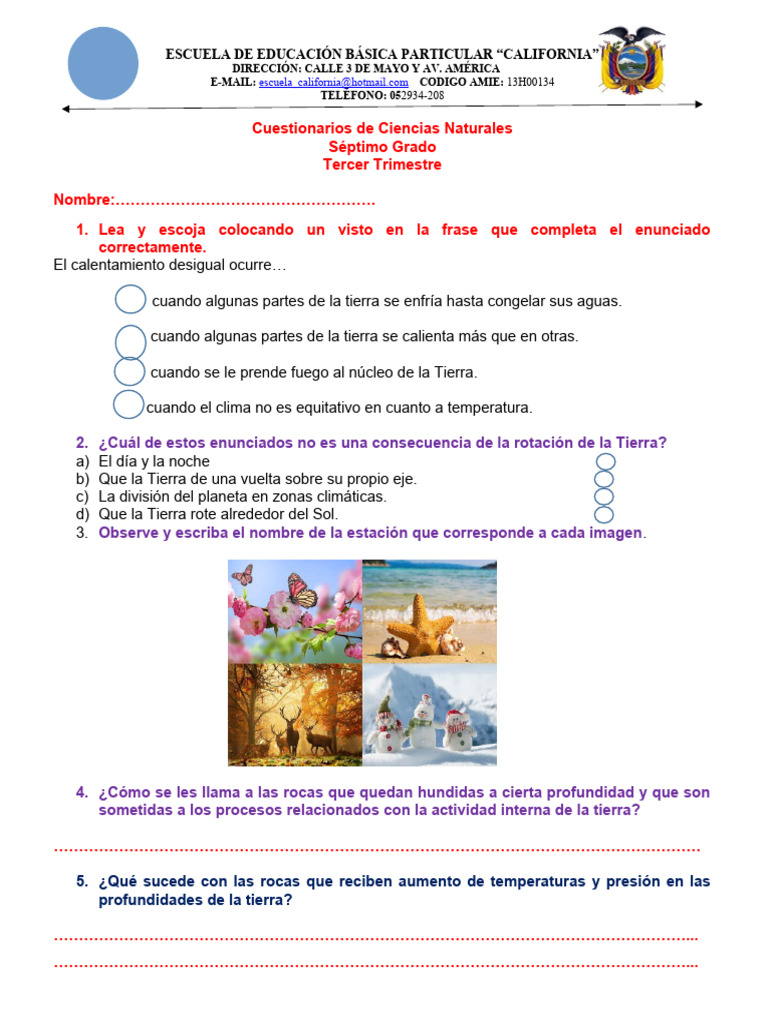 Cuestionarios de Ciencias Naturales 7° Grado | PDF | Tierra | Roca ...