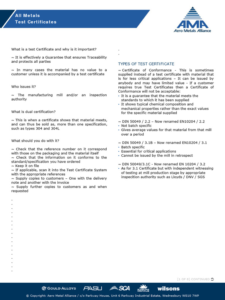 Aero Metal Alliance - All Metals Test Certificates - 54 | Download Free ...