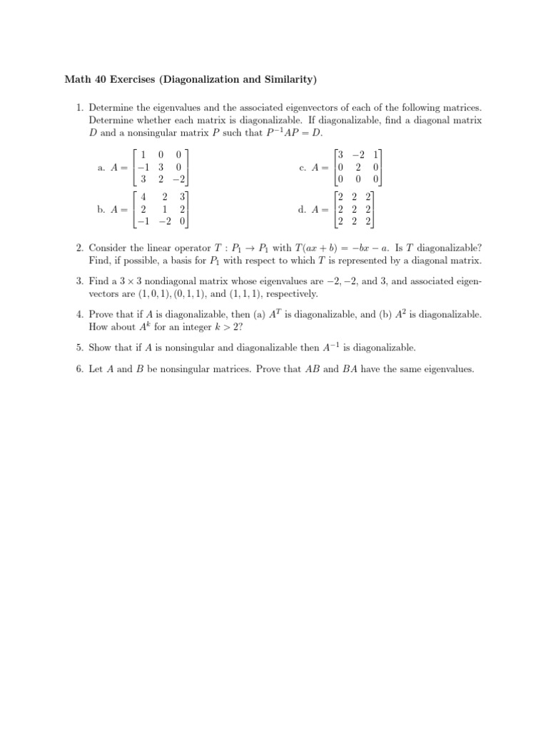 Exercises Diagonalization and Similarity | PDF