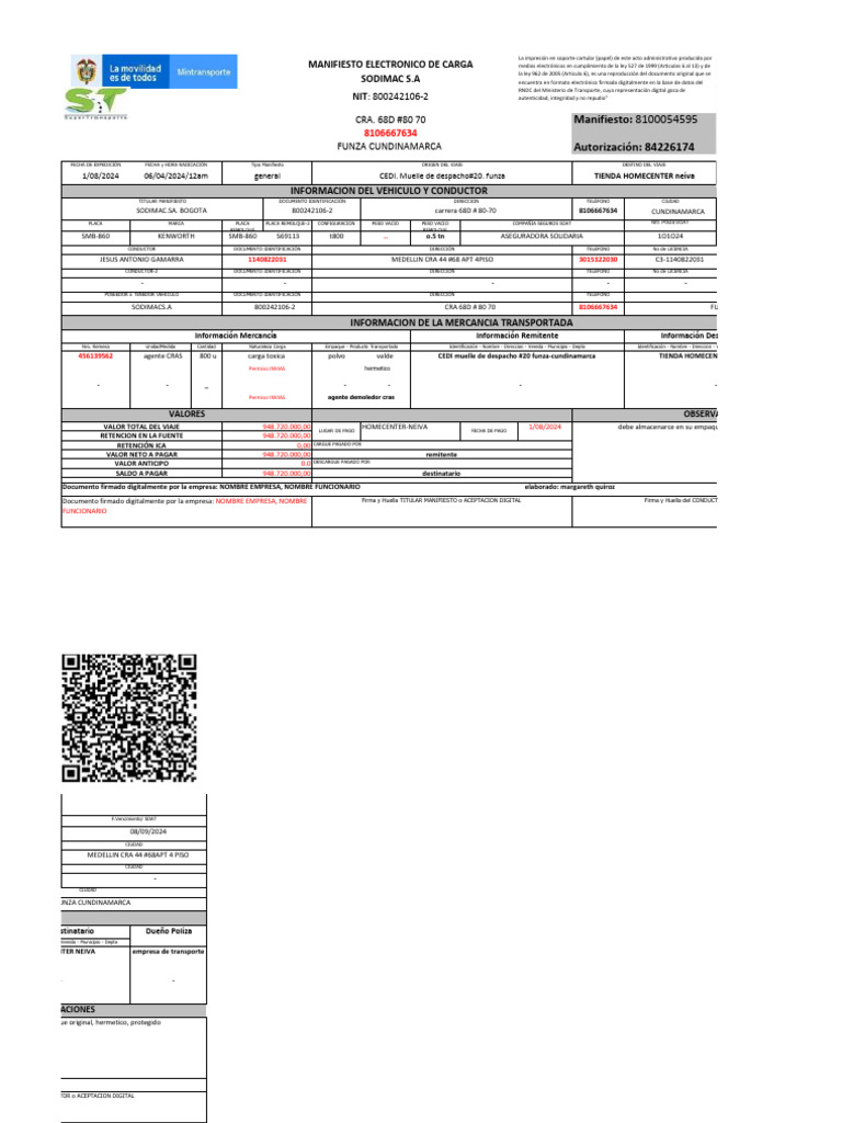 Formato Manifiesto de Carga | PDF