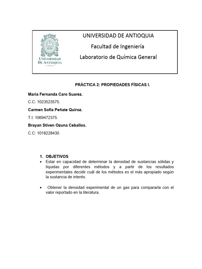 Practica 2 Propiedades Físicas 1 | PDF | Densidad | Gases