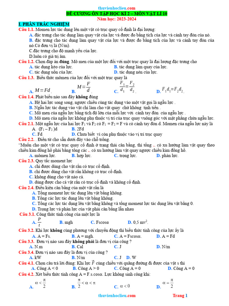 De Cuong On Tap HK 2 Vat Li 10 KNTT 23 24 | PDF