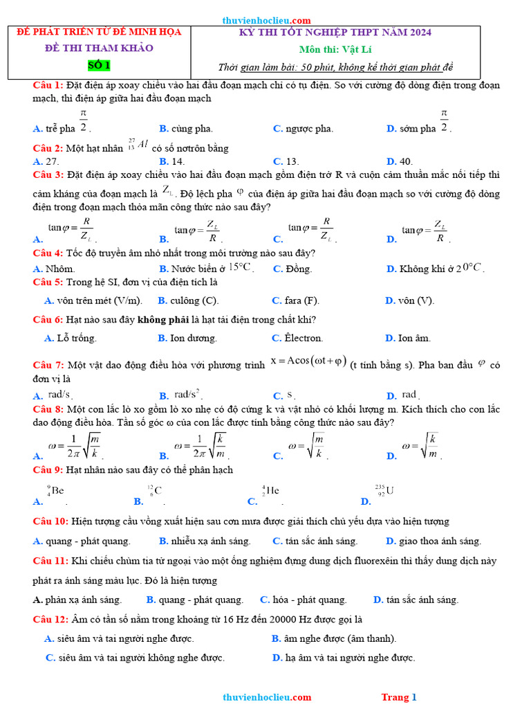 Thuvienhoclieu.com de Thi Thu TN THPT 2024 Vat Li Phat Trien Tu de Minh Hoa de 1 | PDF