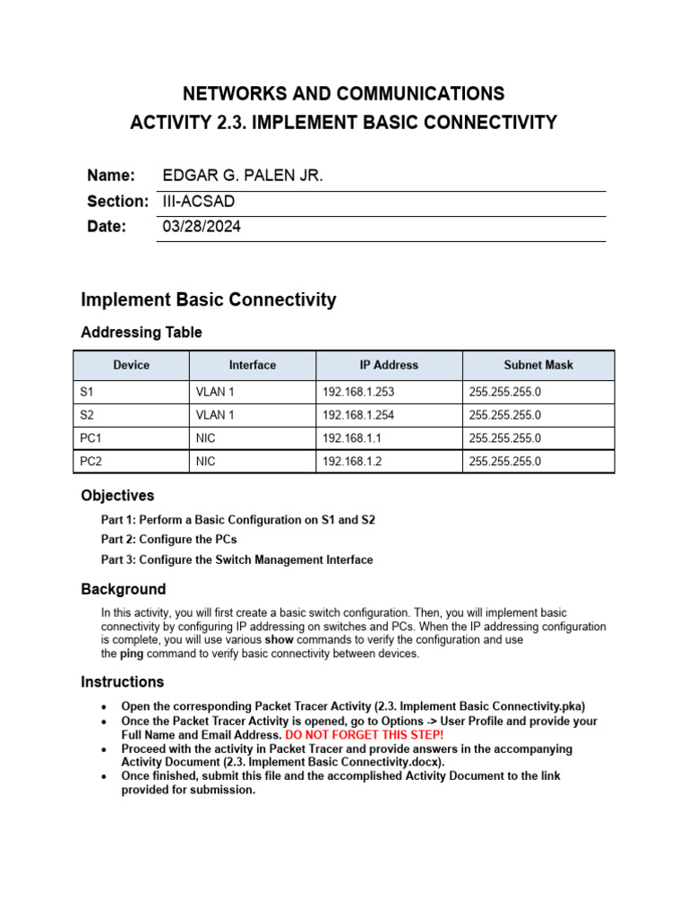 23 Implement Basic Connectivity Pdf Command Line Interface Ip Address 