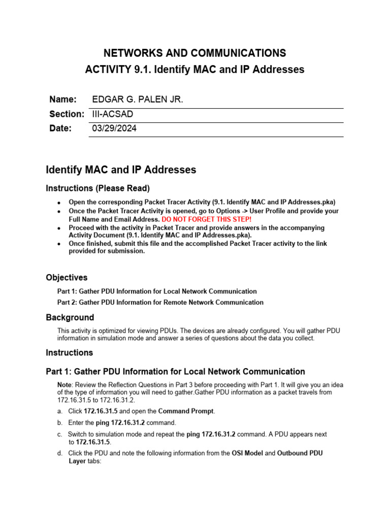 Identify MAC and IP Addresses Activity | PDF | Computer Network | Ip ...