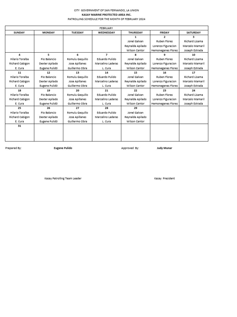 February 2024 Kasay Patrol Schedule | PDF