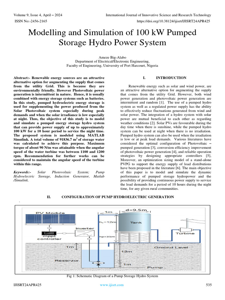 Modelling and Simulation of 100 KW Pumped Storage Hydro Power System ...