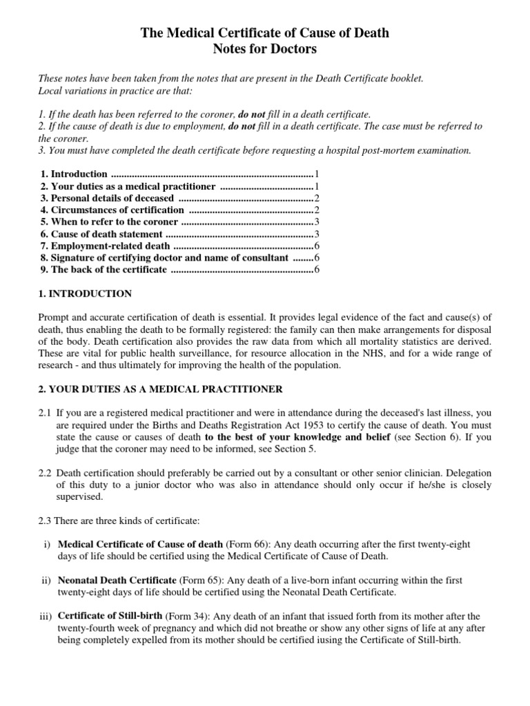 The Medical Certificate of Cause of Death - Notes For Doctors | PDF ...
