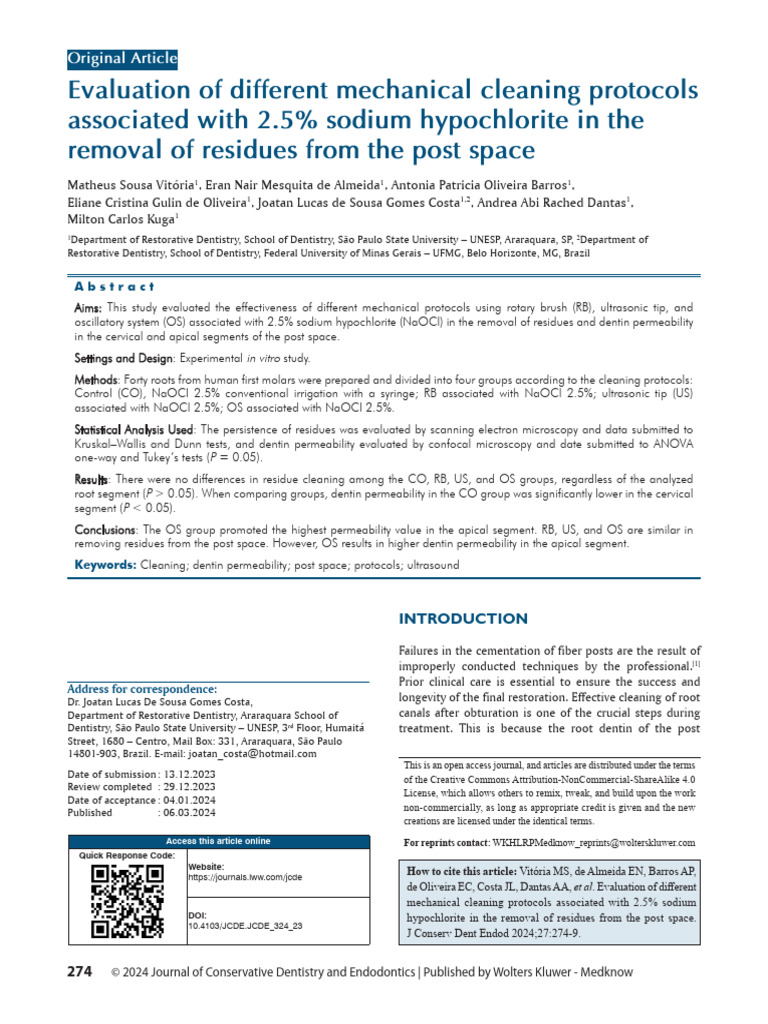 Evaluation of Different Mechanical Cleaning Protocols Associated With 2.5% Sodium Hypochlorite ...