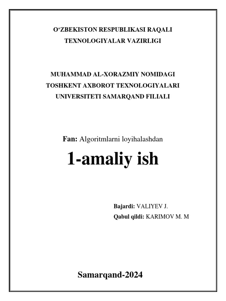 Algoritm Loyihalash 1-Amaliy Ish | PDF