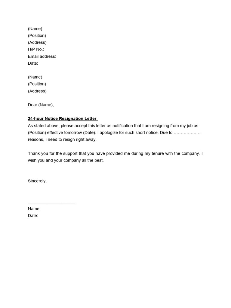 24-Hour Notice Resignation Letter | PDF | Law