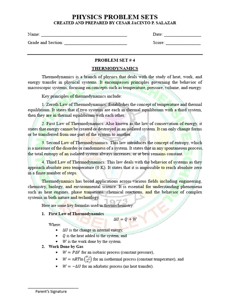 Physics ProbSet 4 | PDF | Thermodynamics | Laws Of Thermodynamics