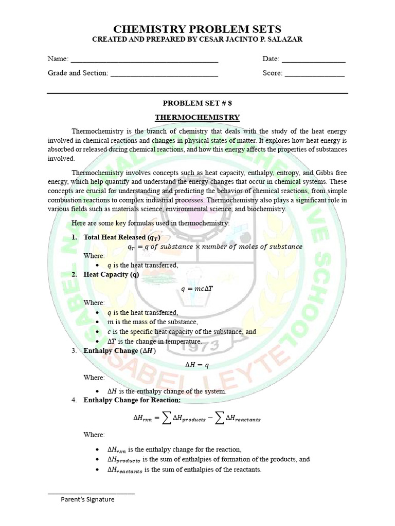 Chemistry ProbSet 8 Thermochem | PDF | Enthalpy | Heat