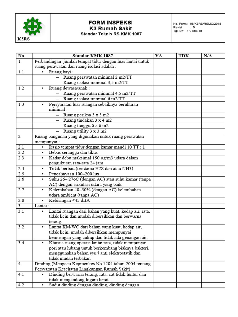 Nilai Standar Inspeksi K3 Rumah Sakit | PDF