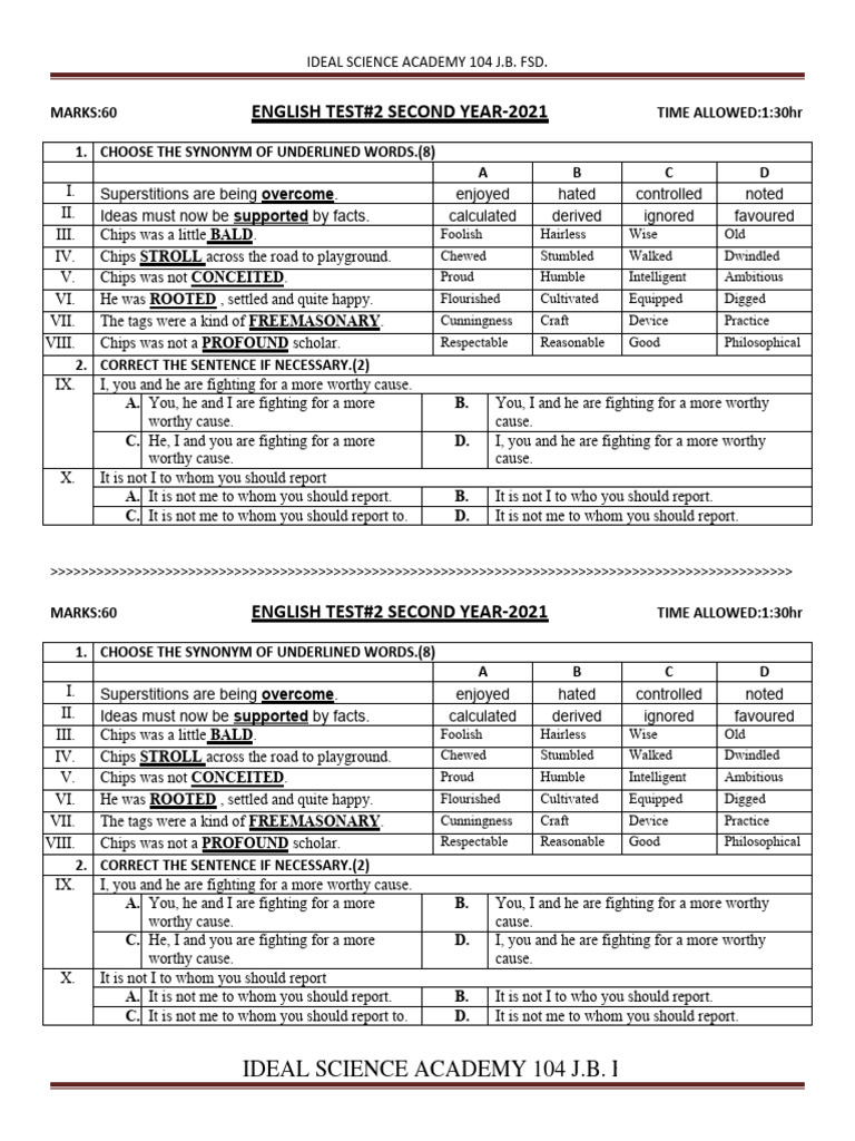 Second Year English Test 2021 | PDF