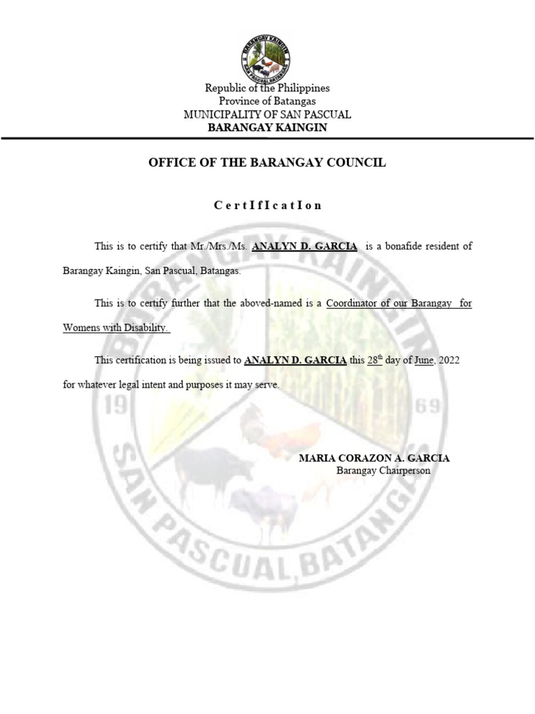 Barangay Certification For Proof | PDF | Wellness