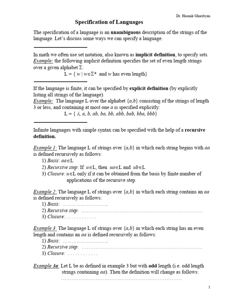 Language Specification Techniques | PDF | String (Computer Science) | Recursion