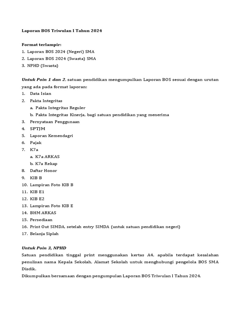 Panduan Laporan - BOS - Triwulan - I - 2024 | PDF | Bisnis | Pengelolaan Keuangan & Uang