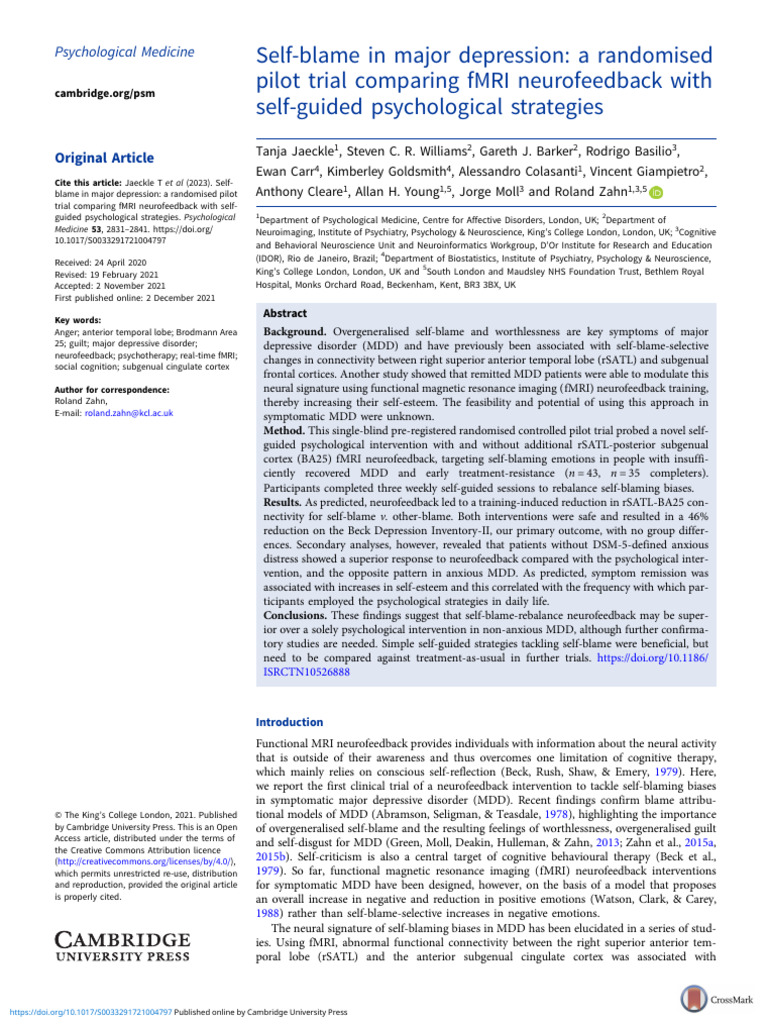Self Blame in Major Depression A Randomised Pilot Trial Comparing Fmri Neurofeedback With Self ...
