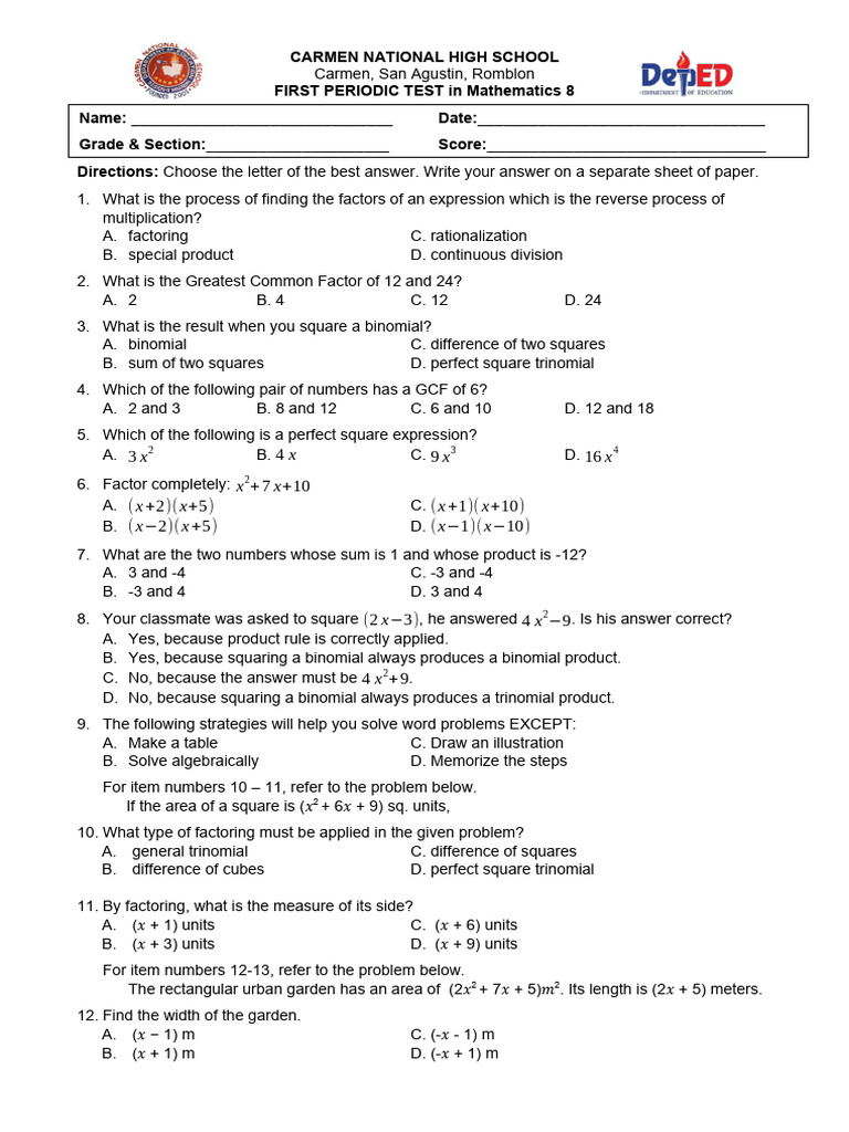 First Periodic Test in Mathematics 8 - 092003 | PDF | Factorization ...