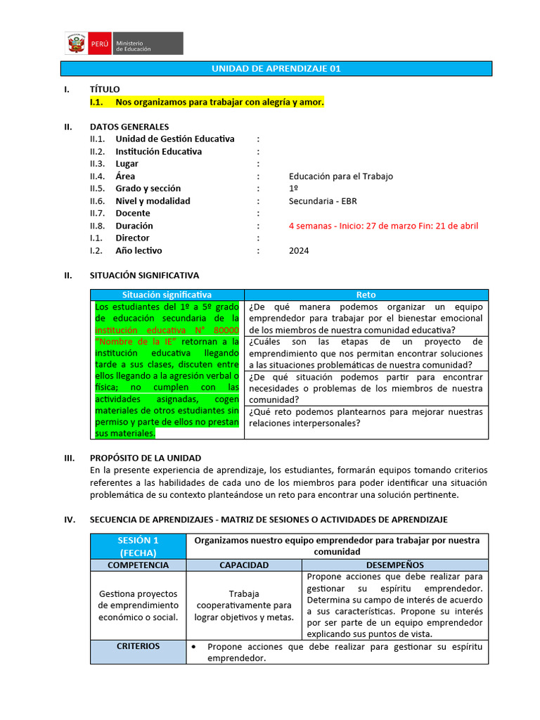 Unidad de Aprendizaje - EPT - 1º | PDF | Iniciativa empresarial | Aprendizaje