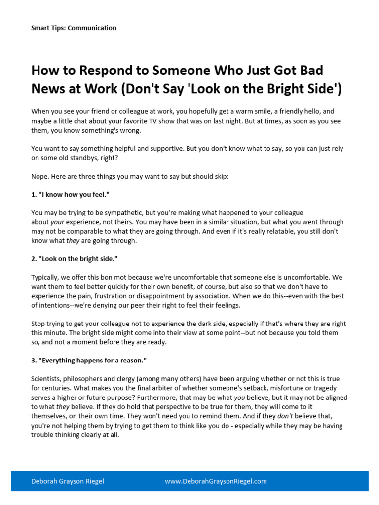 Smart Tips Handout - How To Respond To Someone Who Just Got Bad News at ...