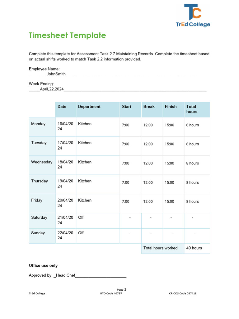 Weekly Timesheet Template for TrEd College | PDF