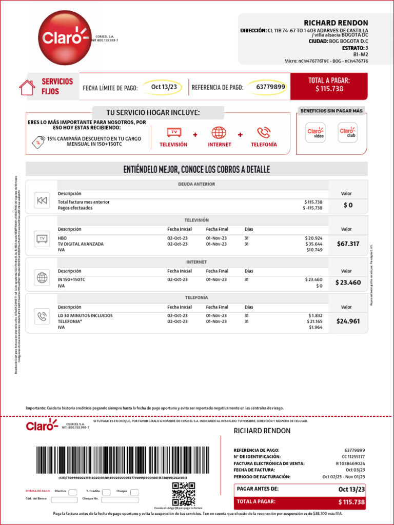 Tu Servicio Hogar Incluye:: Richard Rendon | PDF | Factura | Industrias ...