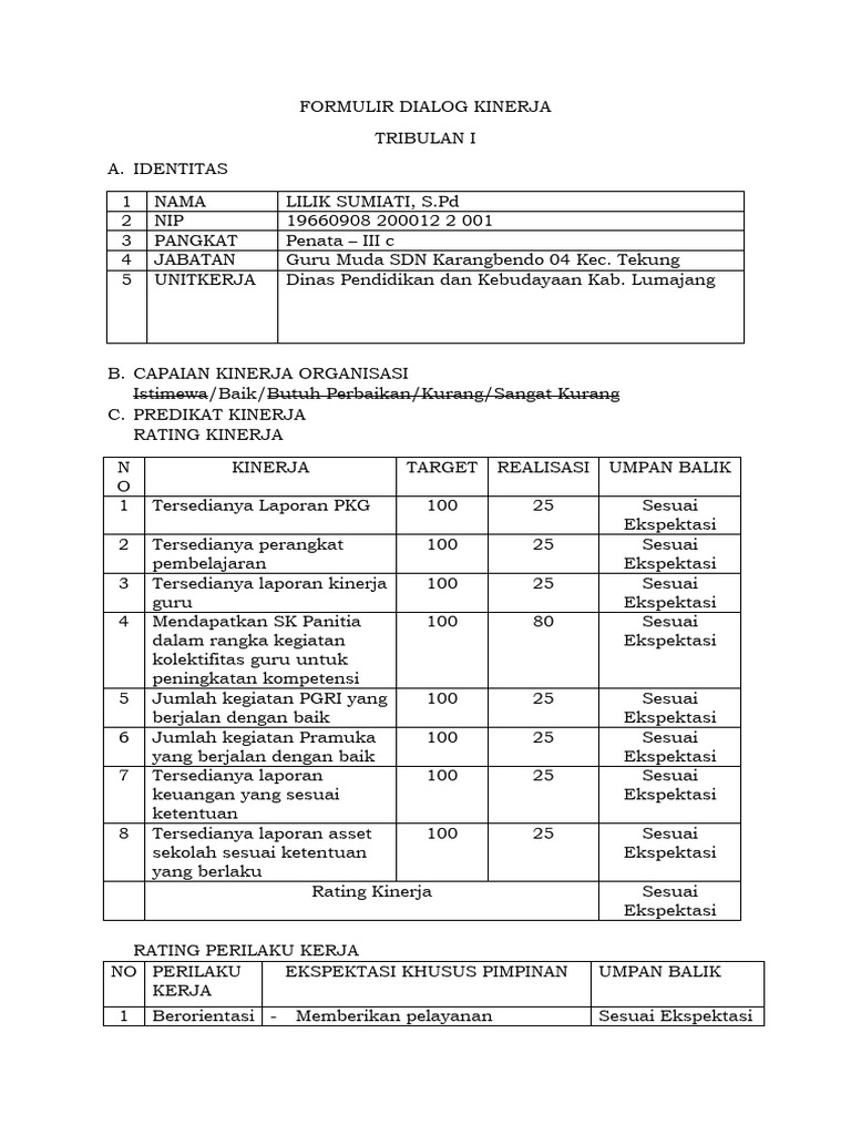Formulir Dialog Kinerja Guru SD - Lilik S - SDN Karangbendo 04 | PDF | Pengembangan Diri