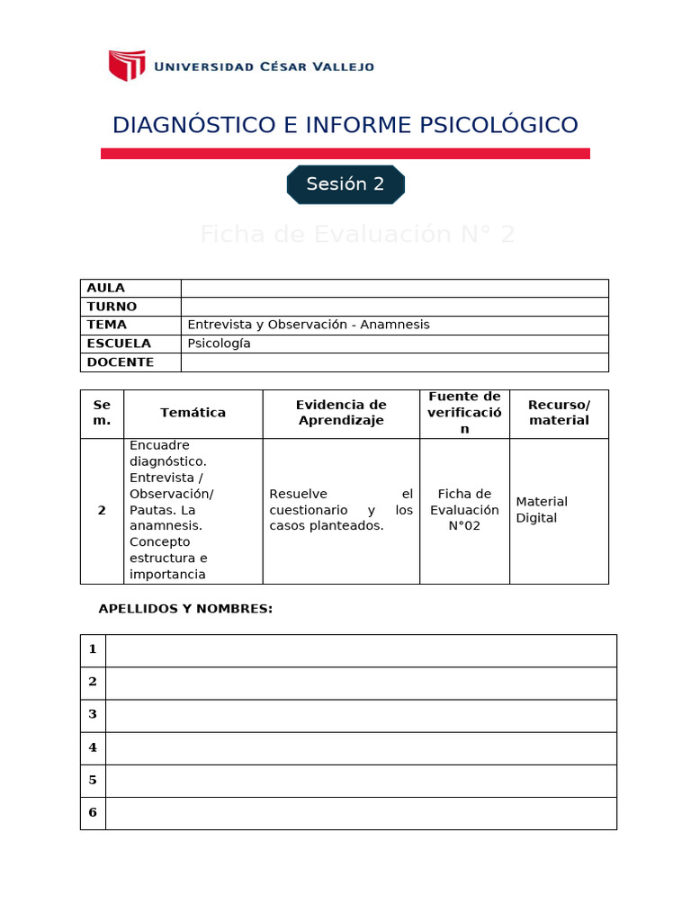 FICHA DE EVALUACIÓN - DIAG-INFO - SESIÓN 2 - 2024-1 - Tagged | PDF | Sicología | Evaluación