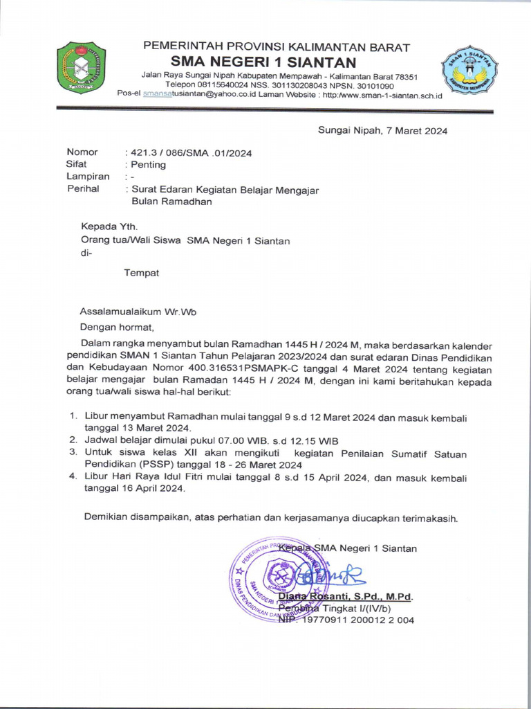 Surat Edaran KBM Bulan Ramadhan Orang Tua Wali Siswa | PDF