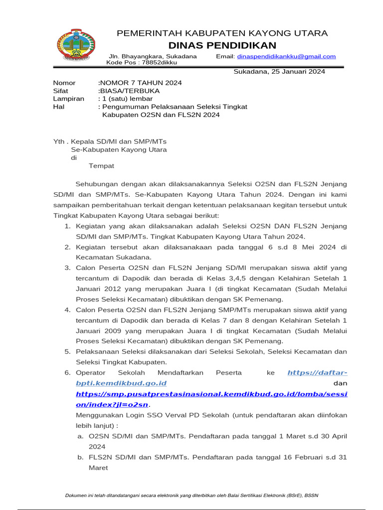 Surat Edaran Juknis Fls2n Dan O2sn SD SMP Kku Tahun 2024 Tanggal 25 ...